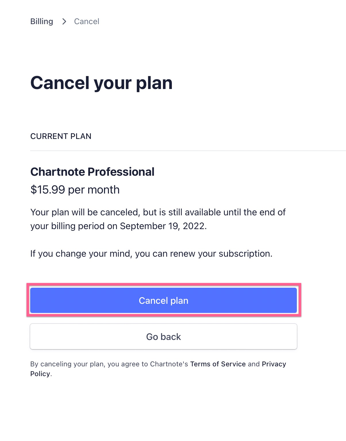 Canceling your subscription - Chartnote Support
